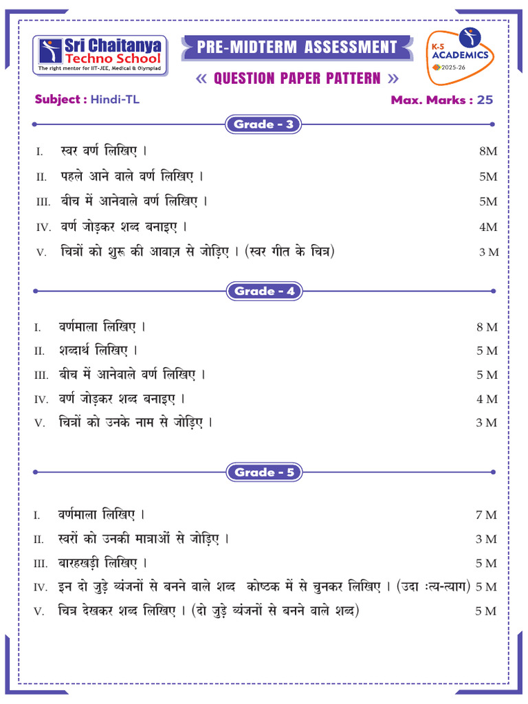 Hindi-TL Grade-3 To5 Pre Midterm QP PATTERN (2025-26) | PDF