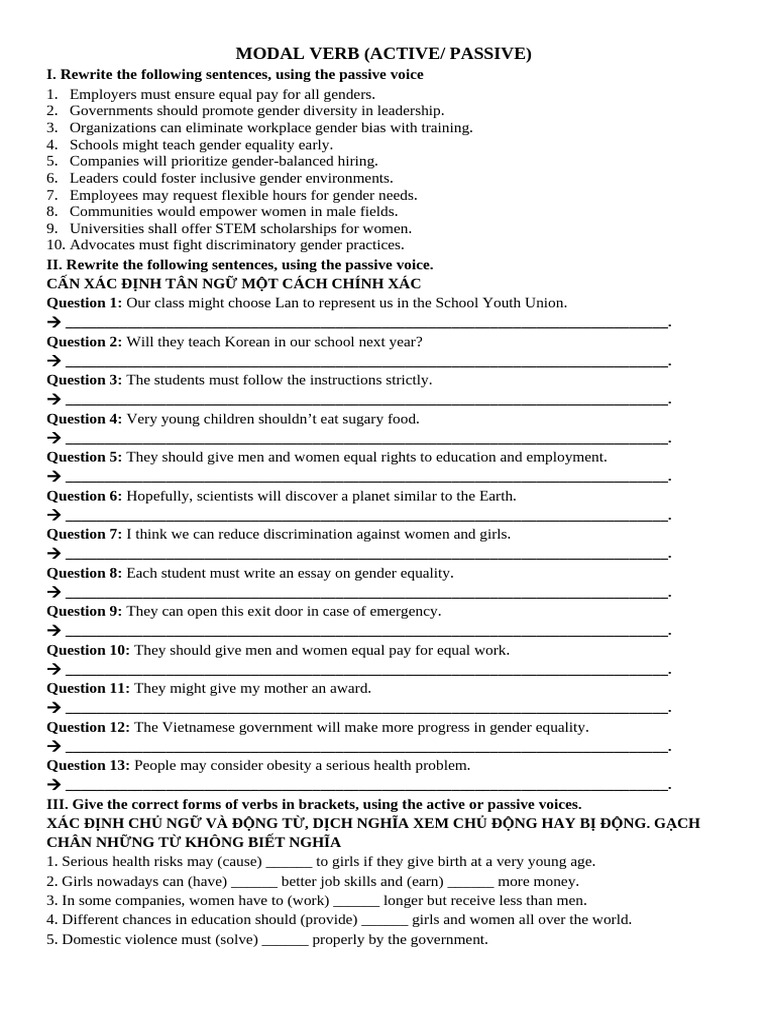 Passive Voice Exercises on Gender Equality | PDF | Gender Studies ...