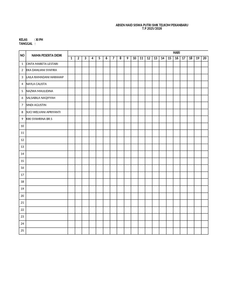 Absen Haid Kelas Xi | PDF