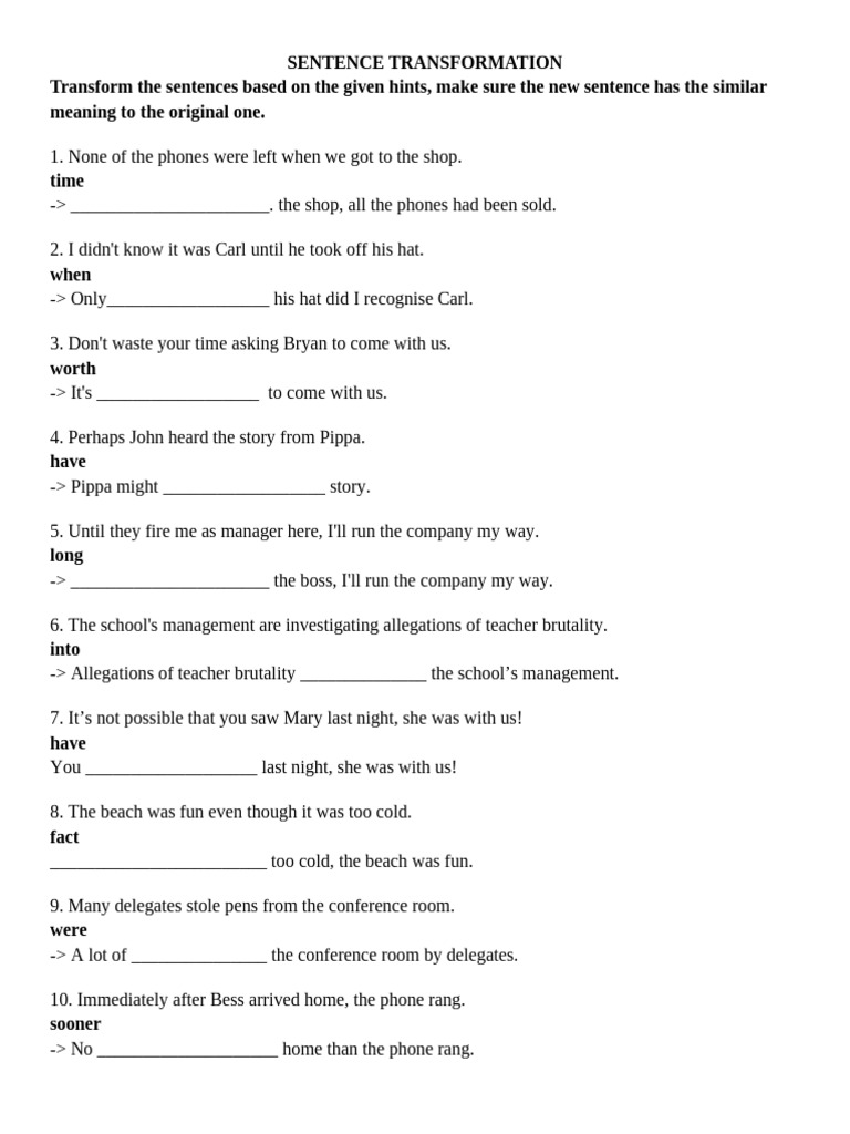 Sentence Transformation Exercises | PDF