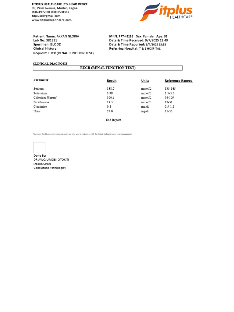 EUCR Renal Function Test Report | PDF