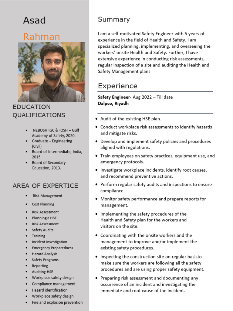 Asad Resume - KSA | PDF | Occupational Safety And Health | Safety
