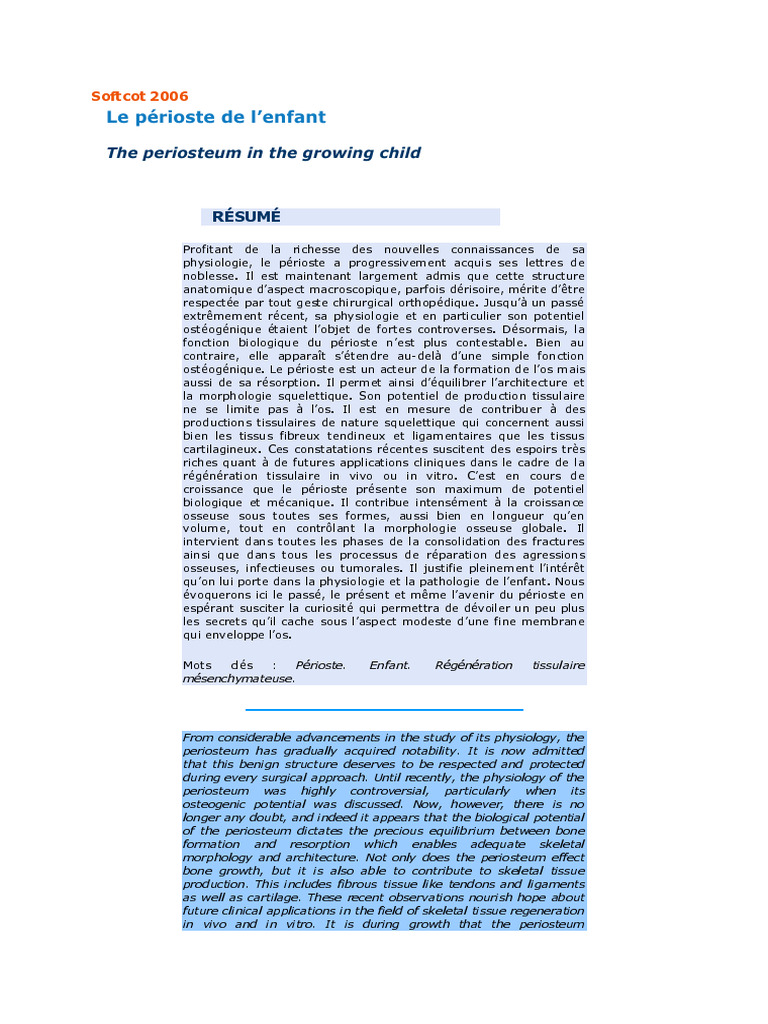 Le périoste chez l'enfant : rôle et potentiel | PDF | Os | Biologie