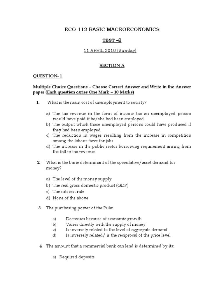 ECO 112 (Test II, Set Paper I) | PDF | Money Supply | Inflation