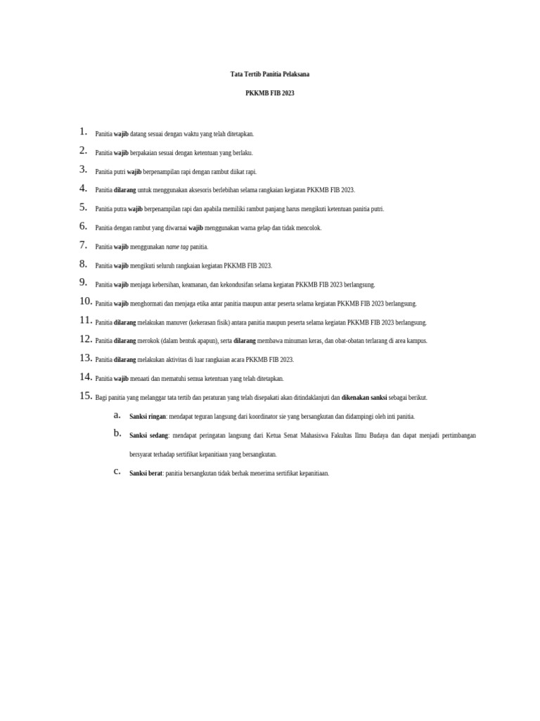 TATA-TERTIB PANITIA PKKMB FIB 2023.full Revisi | PDF