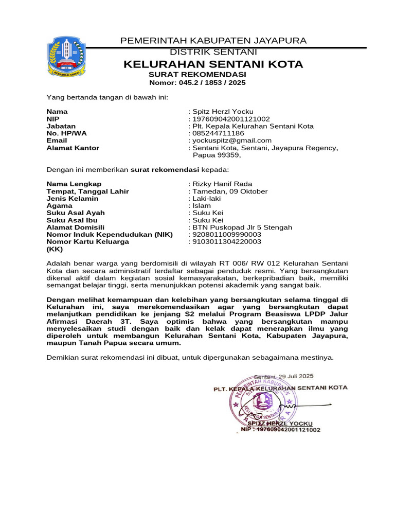 Contoh Format Surat Rekomendasi Daftar LPDP Dari Kelurahan | PDF