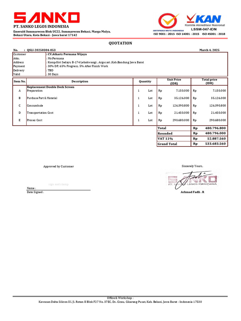 REF 053 QSLI-20250203-053-A1-Atharis-PT - Pupuk Kujang-Replacement Double Deck Screen Feeder | PDF