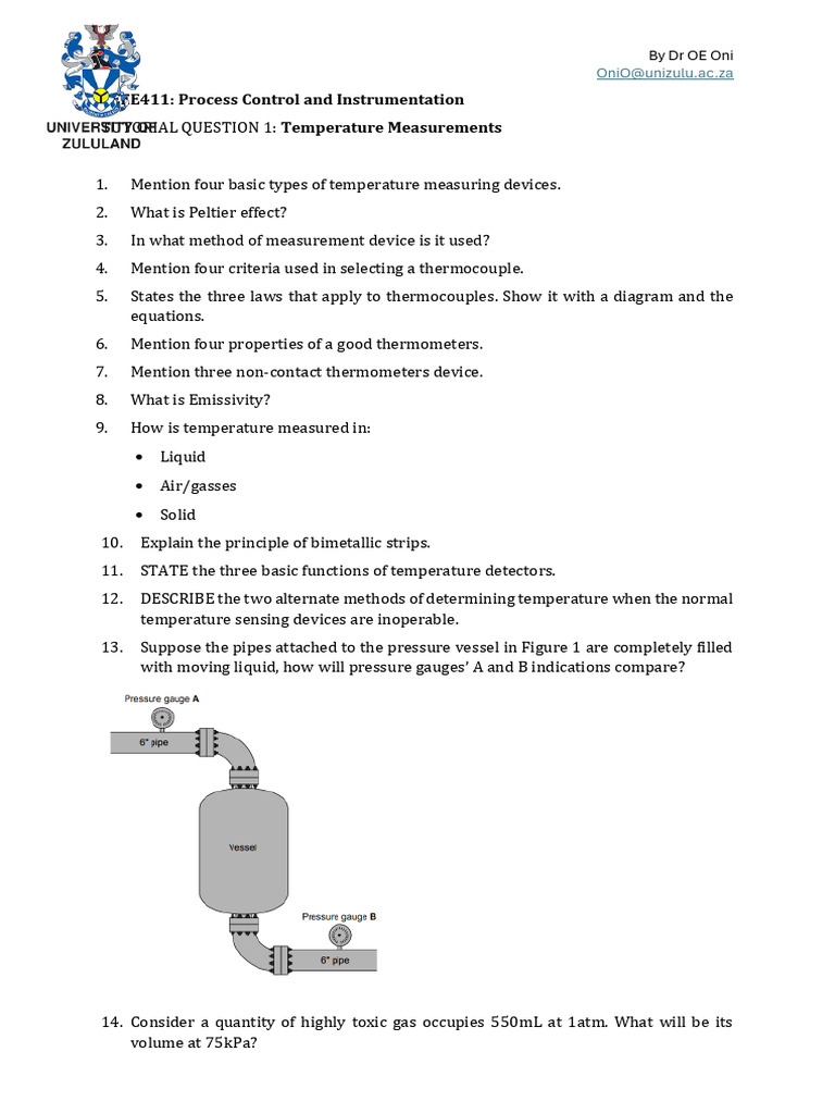 5EEE411 Tutorial Questions | PDF | Pressure | Pressure Measurement
