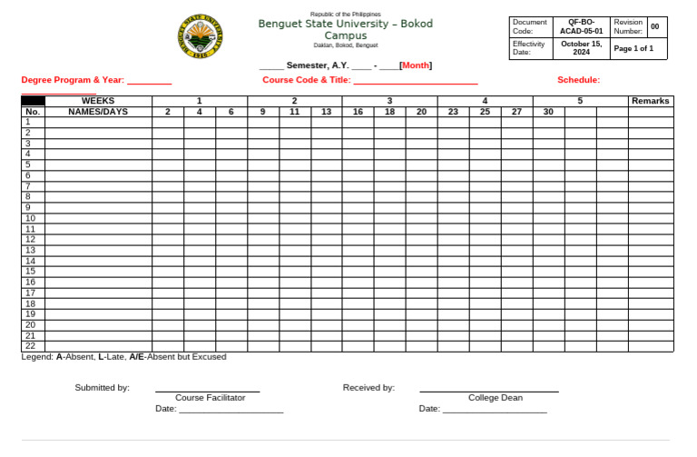 QF Bo Acad 05 01 Attendance Sheet MWF Final | PDF