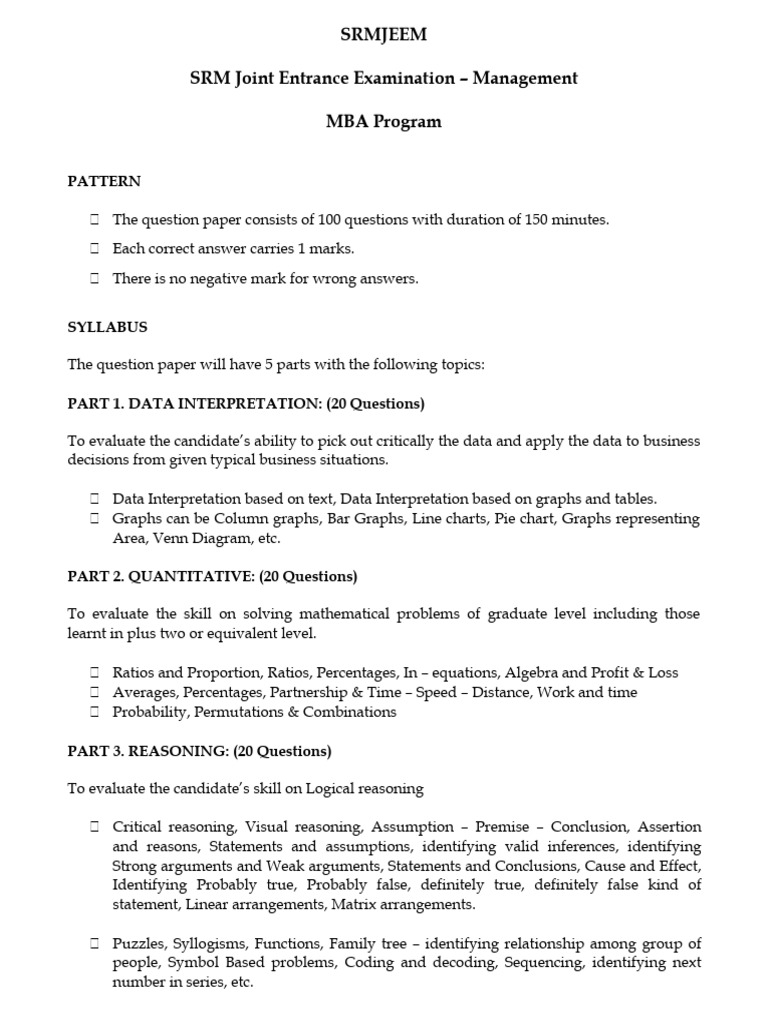 Mba Exam Pattern and Syllabus Srmjeem | PDF | Argument | Reason