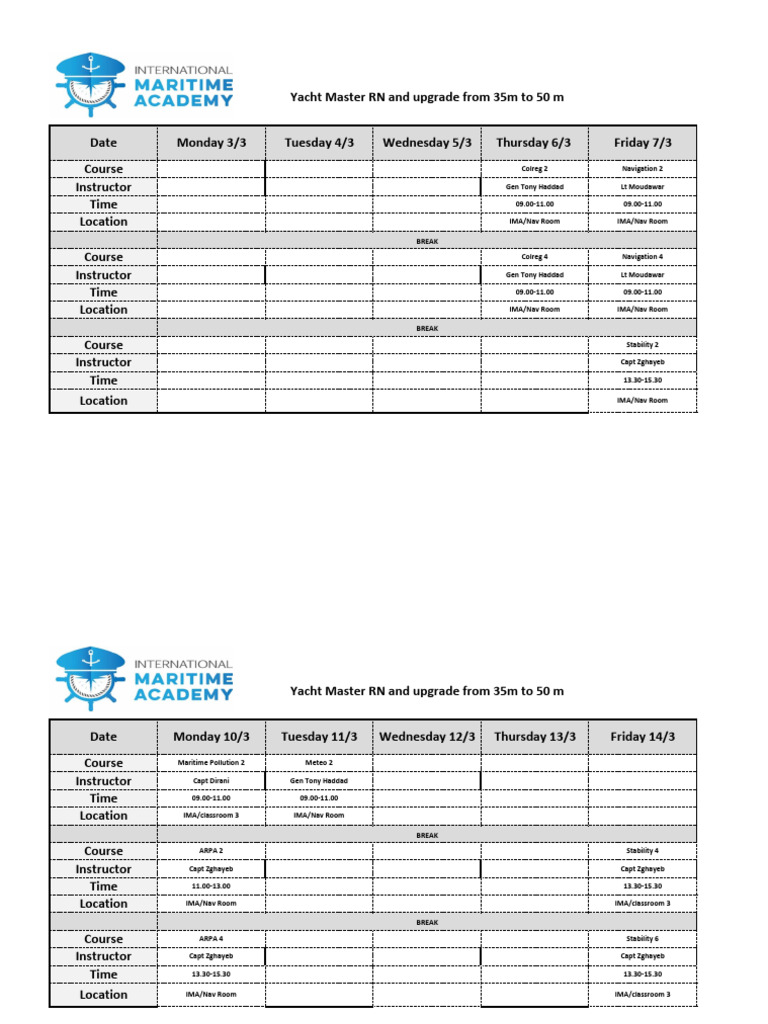 Yachtmaster RN Renewal Schedule | PDF