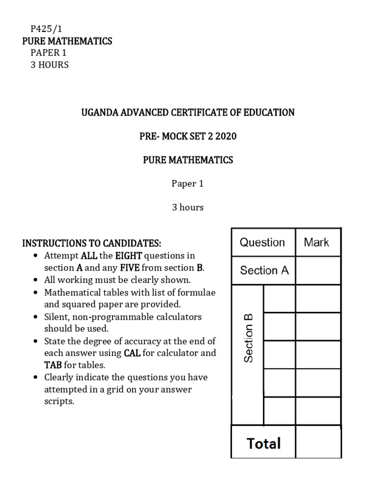 Uganda A-Level Pure Mathematics Mock Exam | PDF
