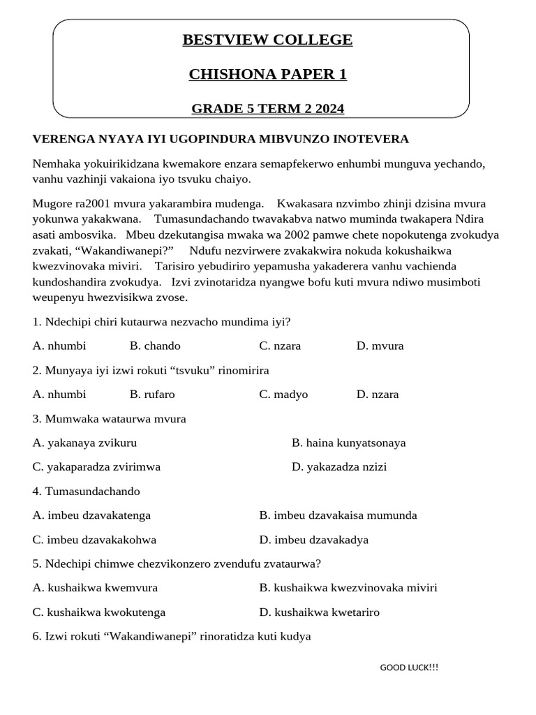 BVC GRADE 5 CHISHONA PAPER 1 Term 2 2024 | PDF
