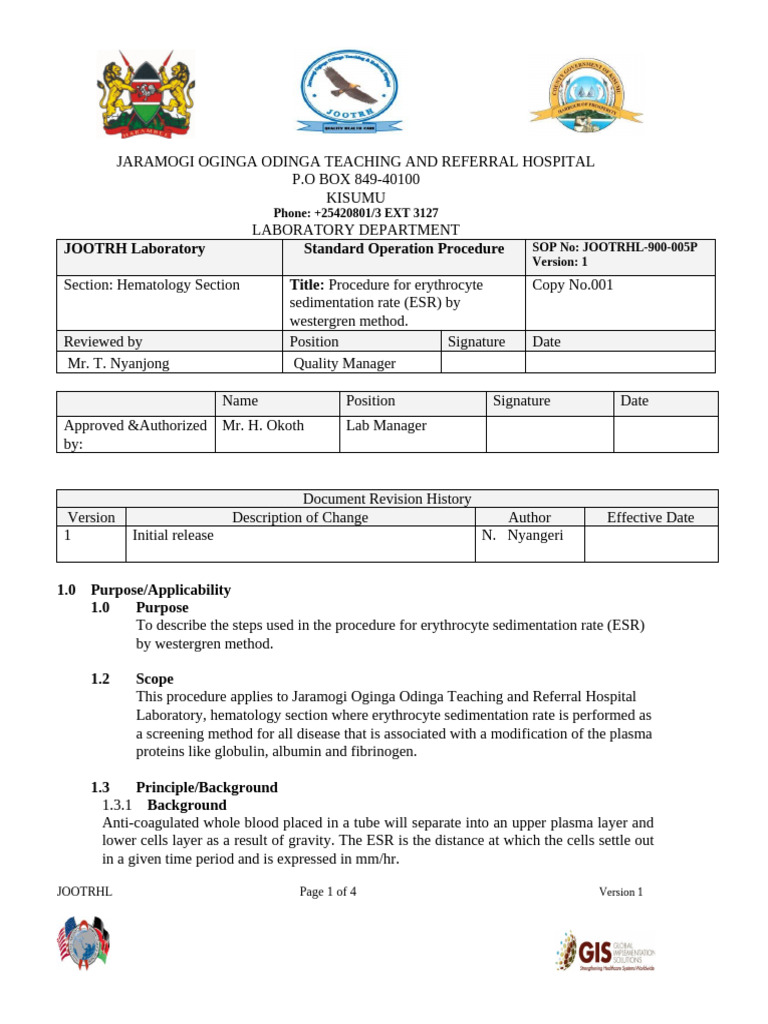Procedure For ESR by Westergren. | PDF | Tissue (Biology) | Medical Specialties