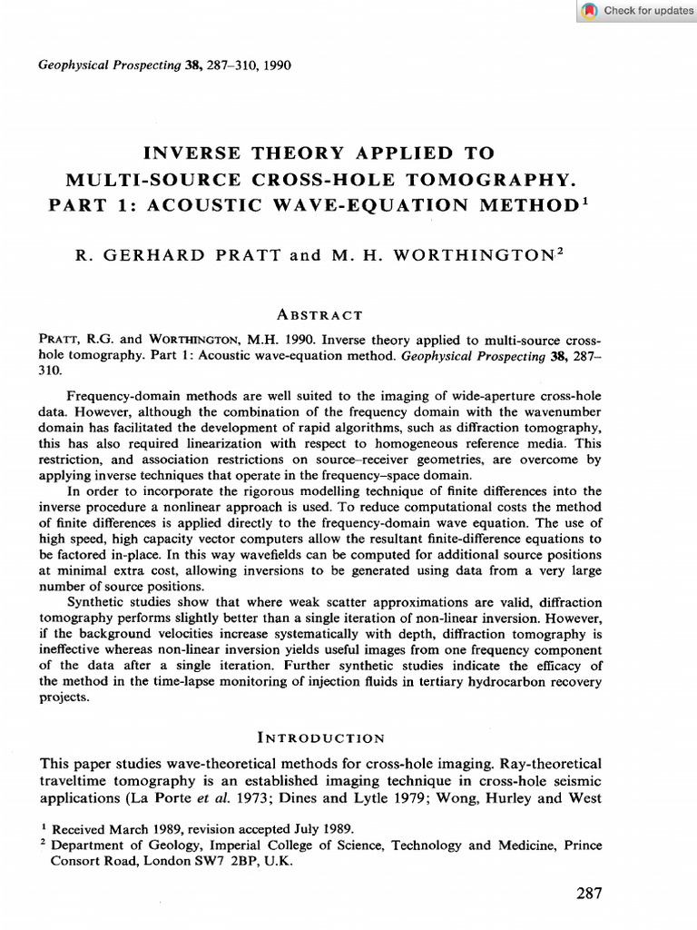 1990 - Pratt - Inverse Theory Applied To Multi Source Cross Hole Tomography | PDF | Inverse ...