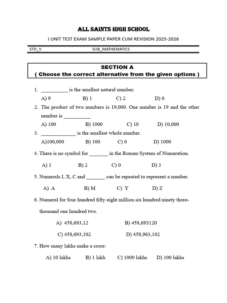 Std 5 Maths Sample Paper Pdf