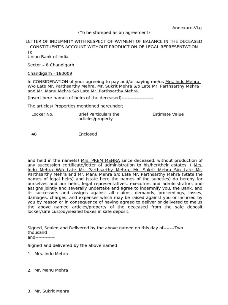 Indemnity Letter for Deceased Account | PDF