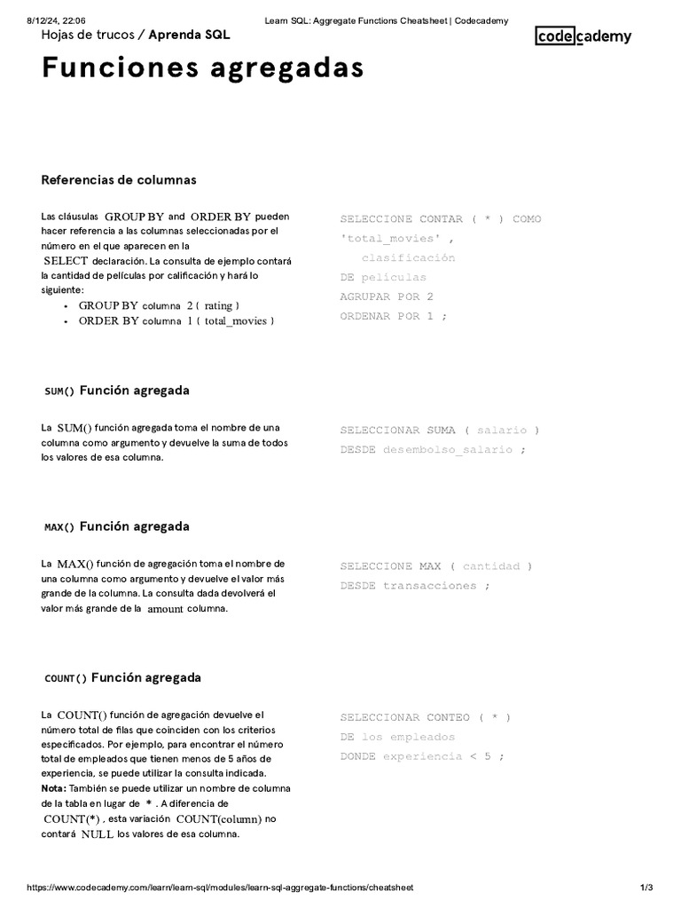 Learn SQL - Aggregate Functions Cheatsheet - Codecademy | PDF