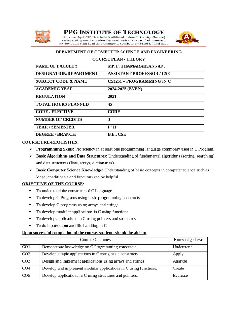 C Programming Course Plan 2024-2025 | PDF | Engineering | C ...