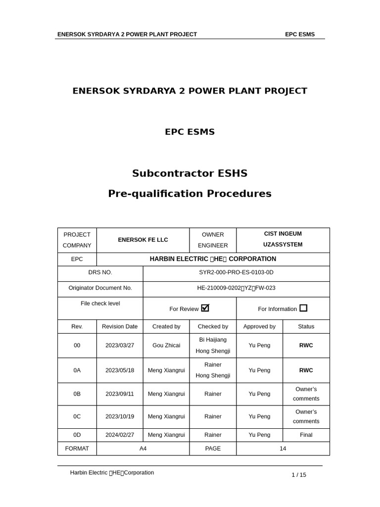 4-SYR2 000 LIS ES 0103 D Subcontractor ESHS Prequalification Procedure-Final 20240227 | PDF ...