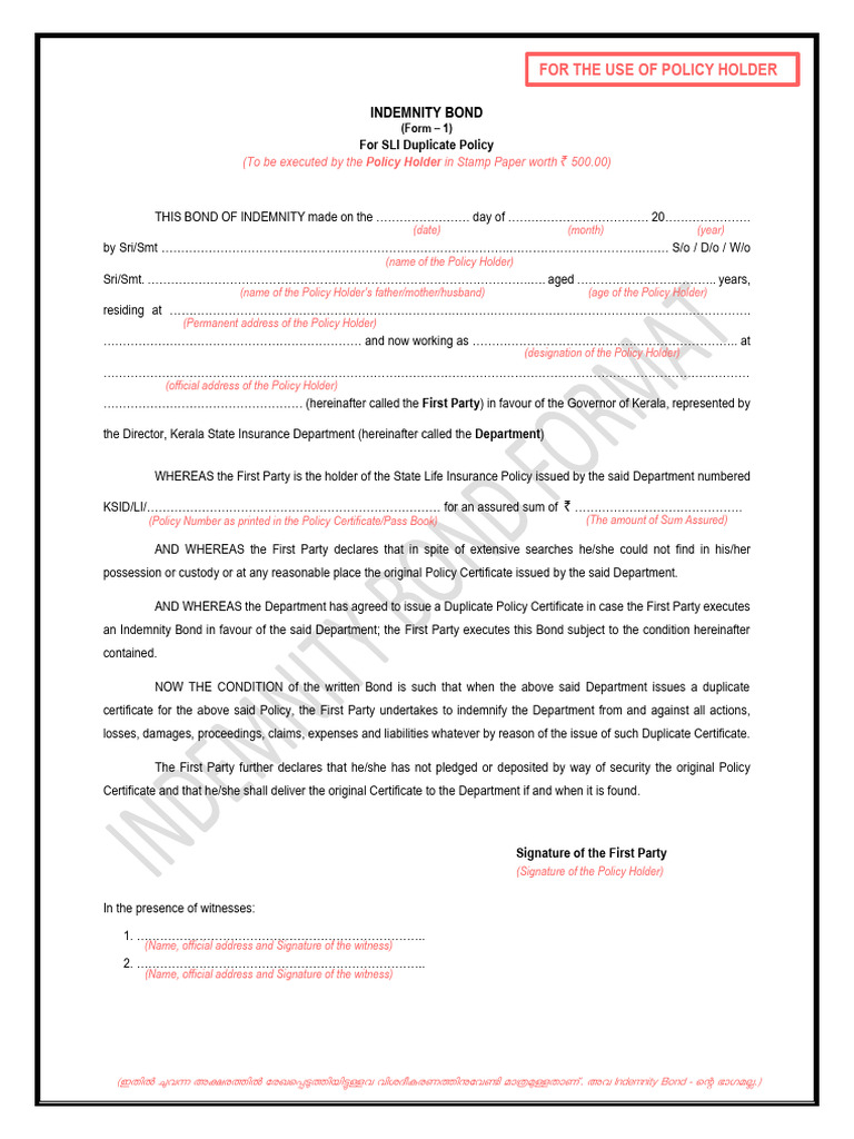 Indemnity Bond for SLI Duplicate Policy | PDF | Indemnity | Insurance