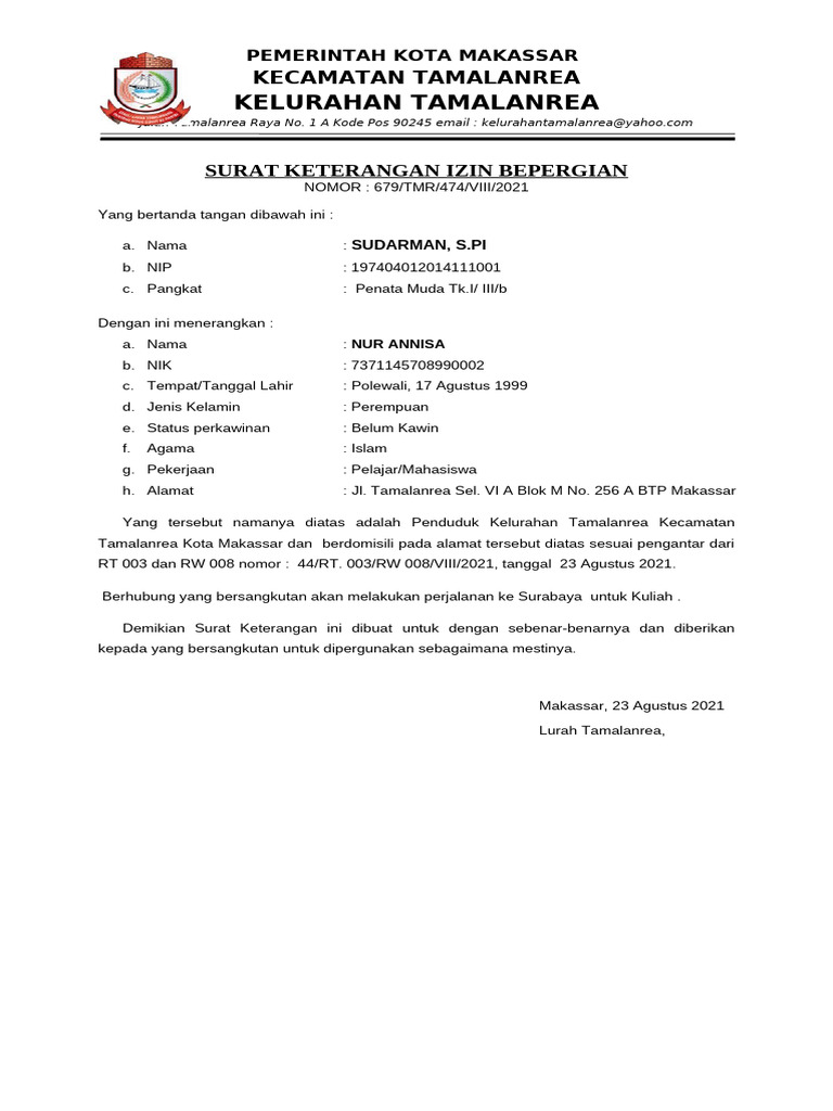 Surat Izin Bepergian Tamalanrea | PDF