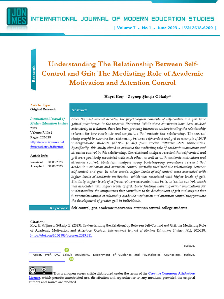 Understanding The Realtionship Between Self Control and Grit The Mediating Role of Academic ...