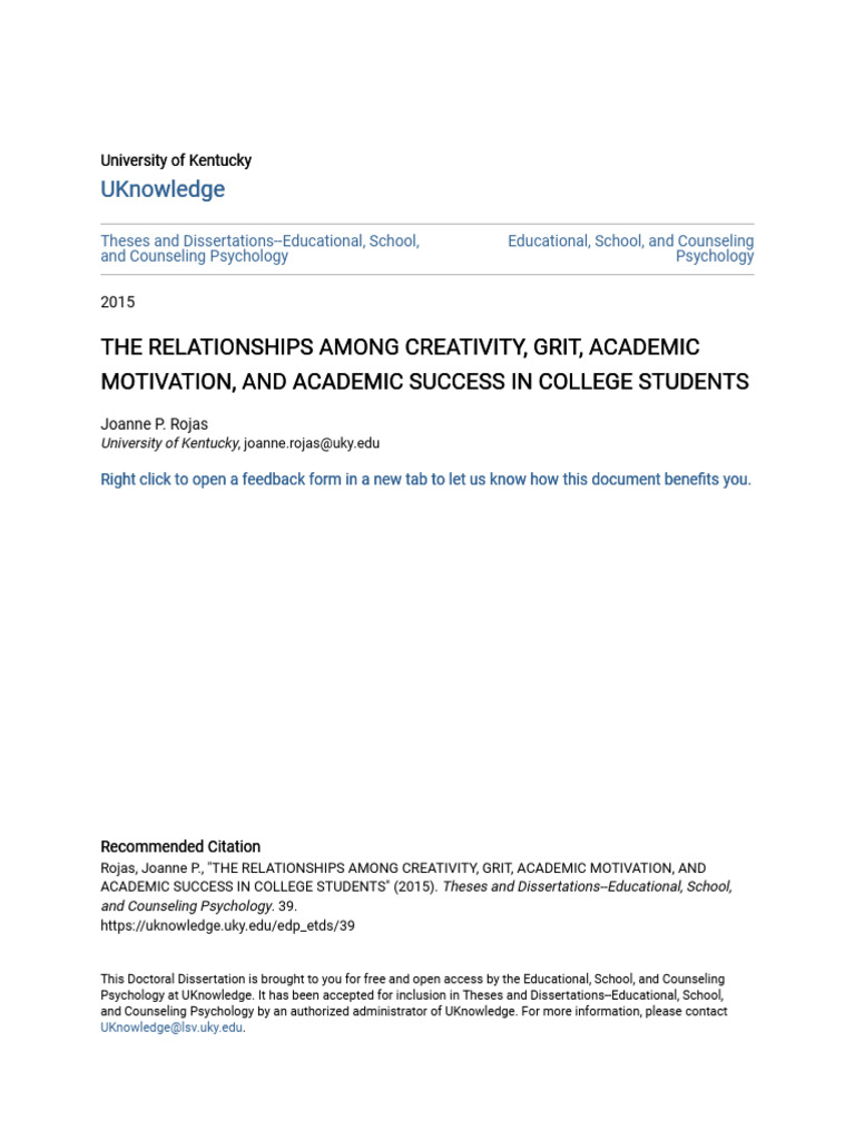 The Relationships Among Creativity Grit Academic Motivation An Disertasi | PDF | Creativity ...
