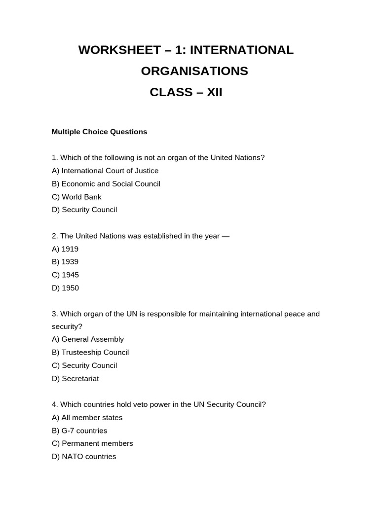 United Nations Quiz Worksheet | PDF | United Nations | International ...