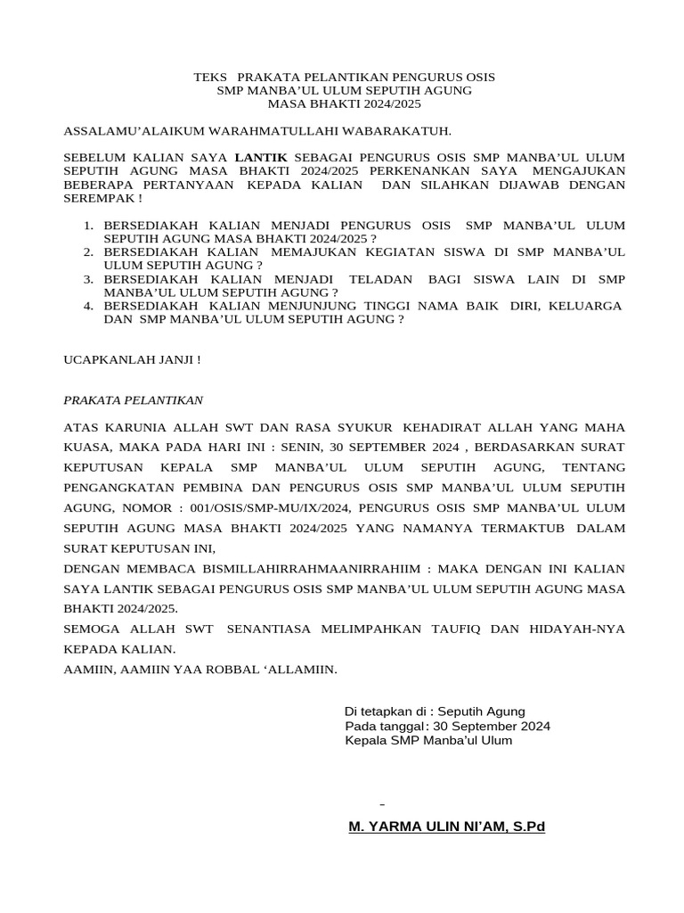 Prakata Pelantikan Dan Janji Osis SMP Mu | PDF
