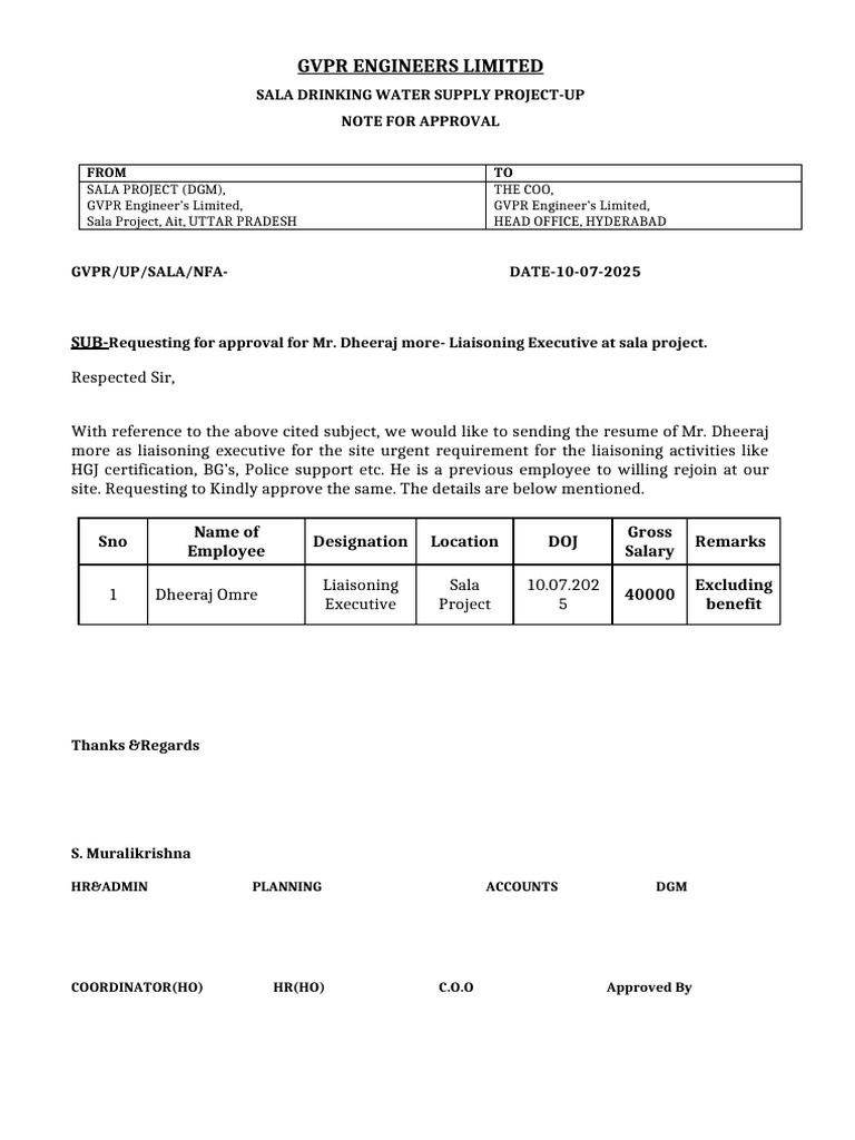 GVPR Engineers Salary Approval Request | PDF