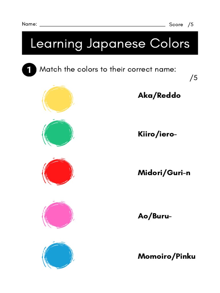 Learning Japanese Colors Activity Sheet Phonetic | PDF