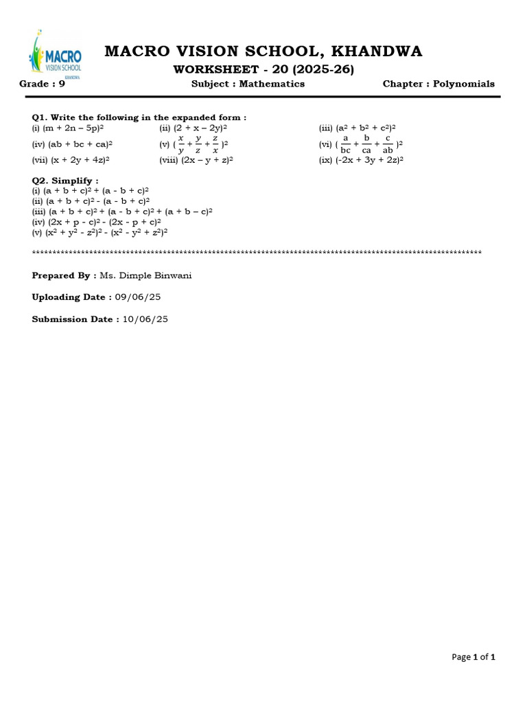 Worksheet - 20 Algebraic Identities | PDF
