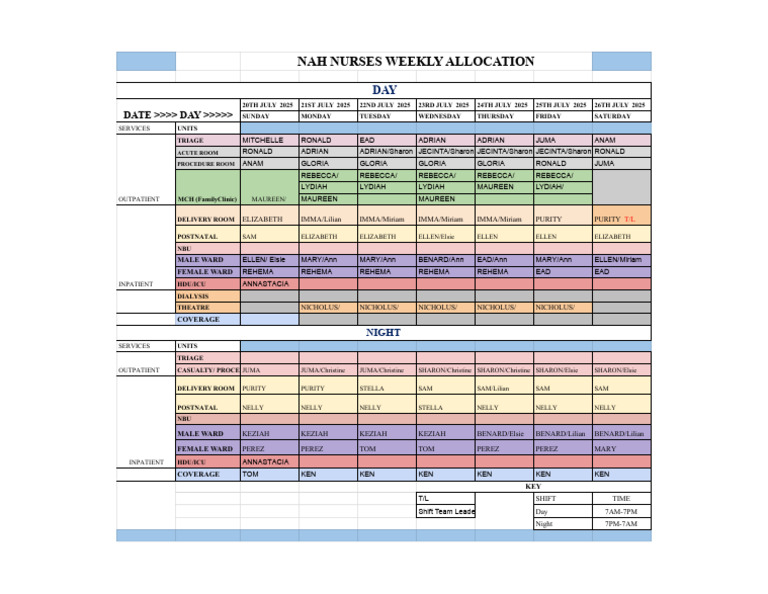 NAH Nurses Weekly Schedule July 2025 | PDF