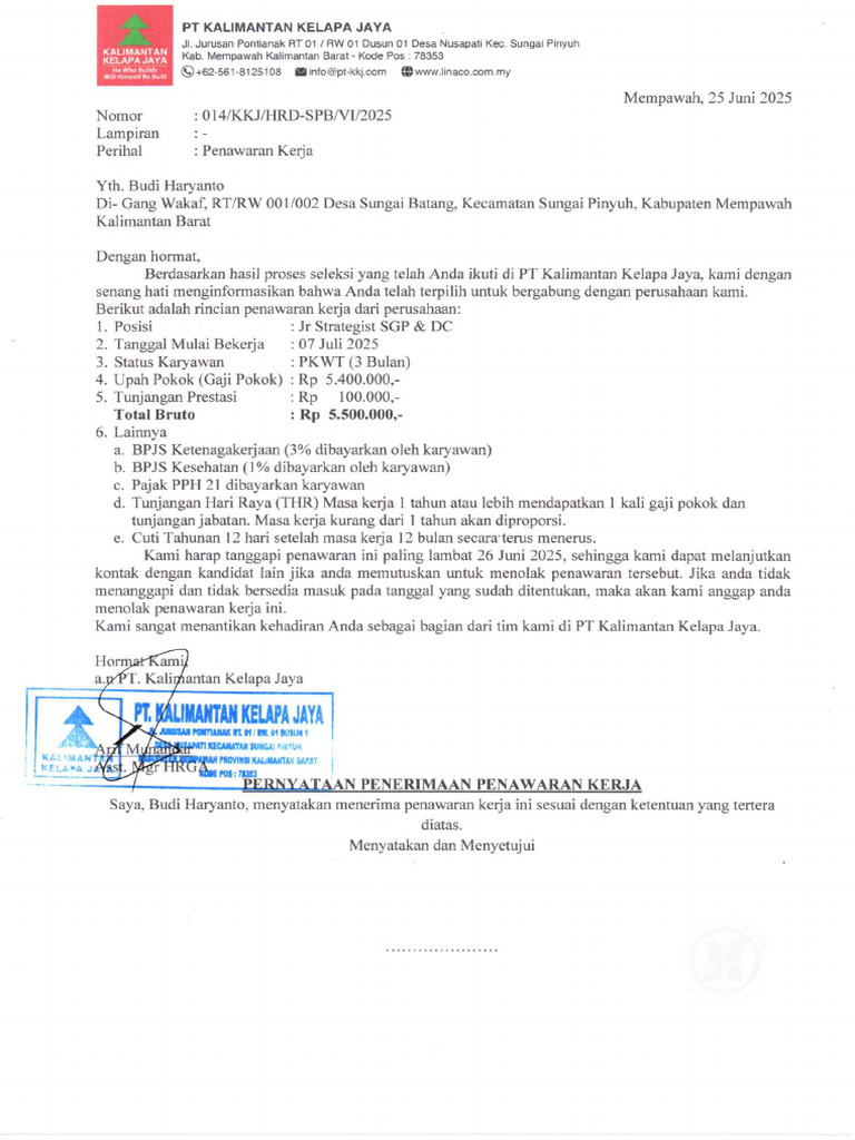 Surat Penawaran Kerja JR Strategist SGP & DC | PDF