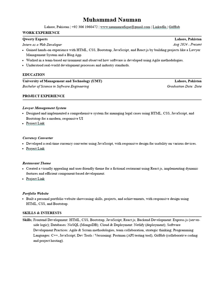 Muhammad Nauman: Intern As A Web Developer - Aug 2024 Present | PDF