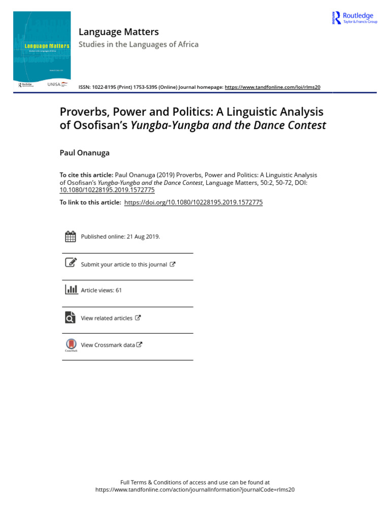 Proverbs Power and Politics A Linguistic Analysis of Osofisan S Yungba-Yungba and The Dance ...
