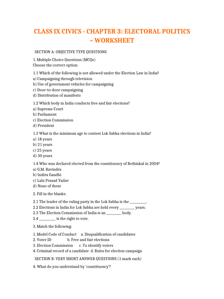 Electoral Politics Worksheet Class IX | PDF | Elections | Political Science