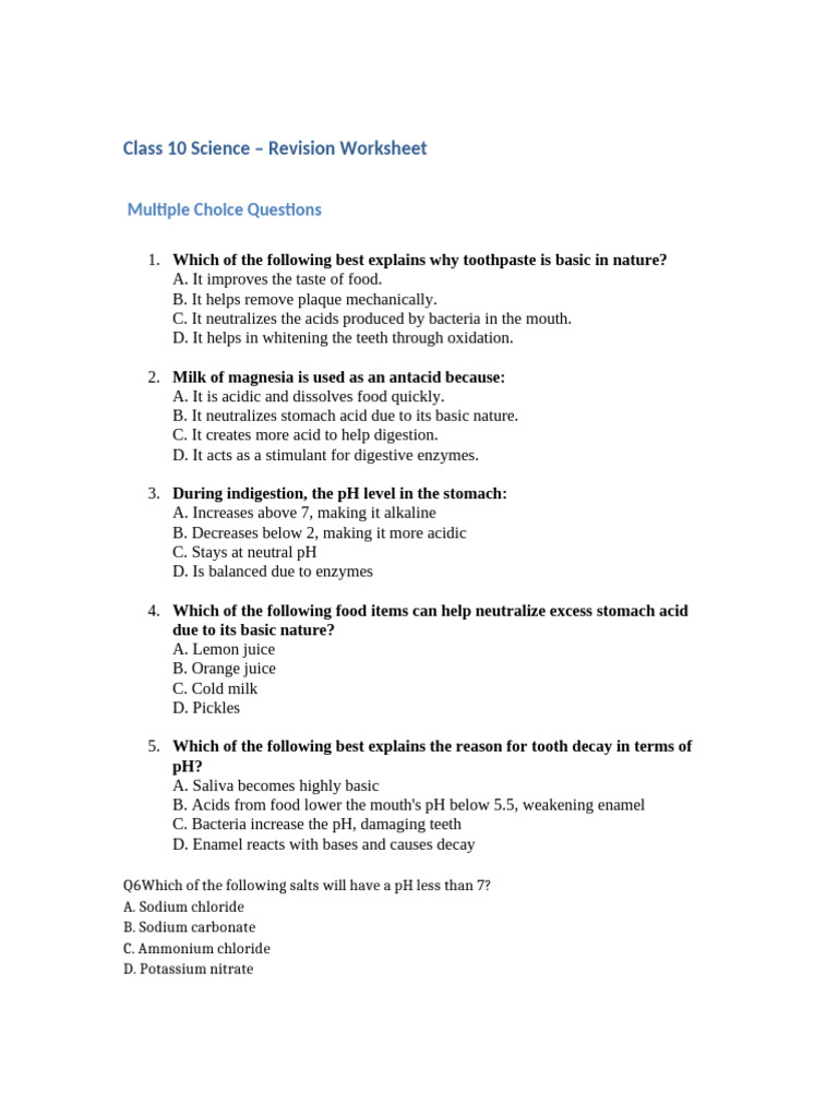 Class 10 Revision Worksheet | PDF | Acid | Ph