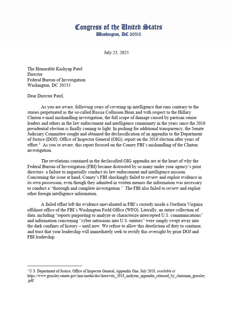 Crawford Grassley Letter To Director Patel 2025.07.23 | PDF | Federal Bureau Of Investigation ...