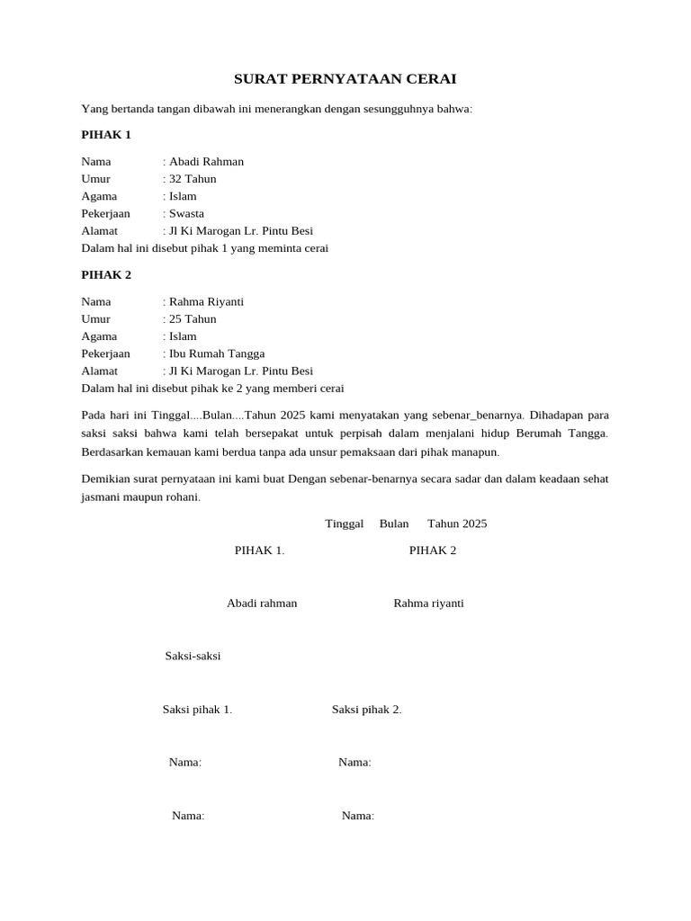 Surat Pernyataan Cerai | PDF