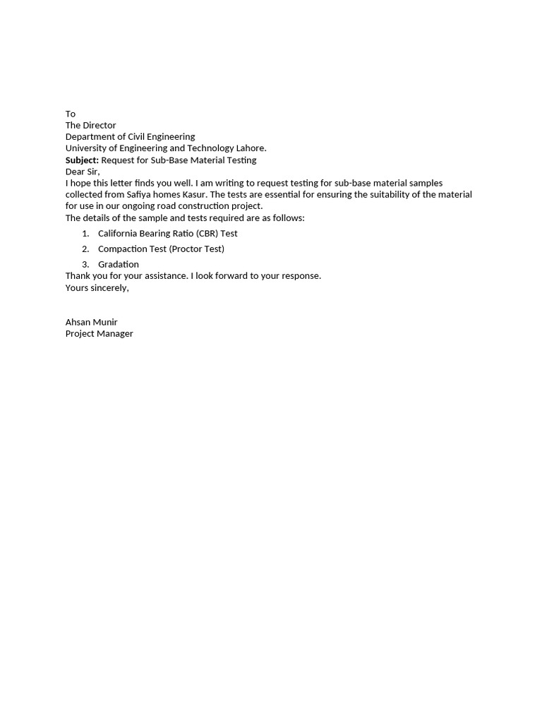 Sub Base Sample Test Letter | PDF