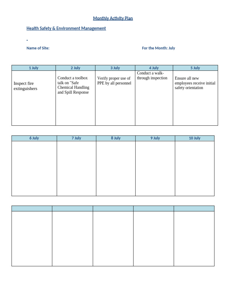 July HSE Monthly Activity Plan | PDF