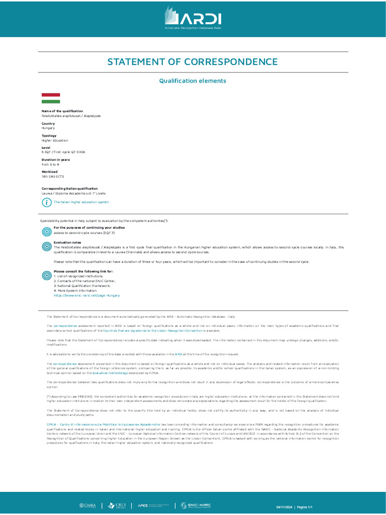 Ardi - Hu - 1 - Statement of Correspondence | PDF | Educational Stages | Qualifications