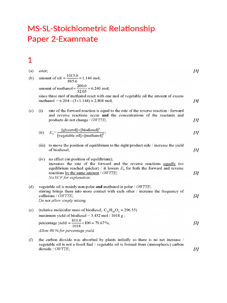 MS SL 1 Stoichiometric Relaionship Paper 2 Exammate | PDF