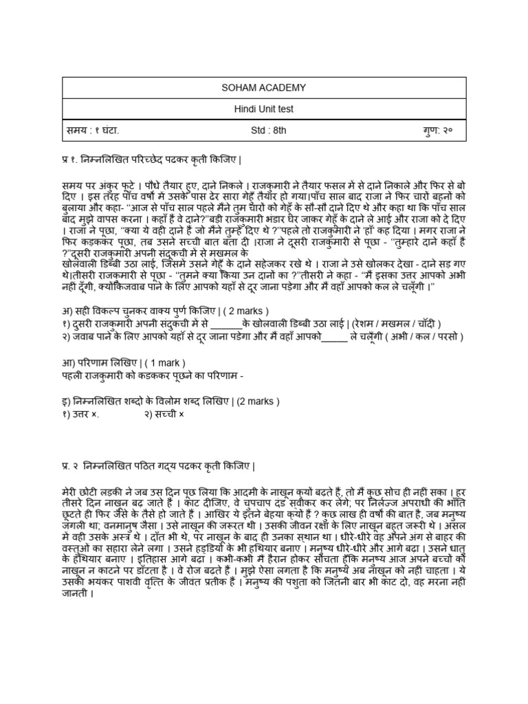 8th Standard Hindi Unit Test | PDF