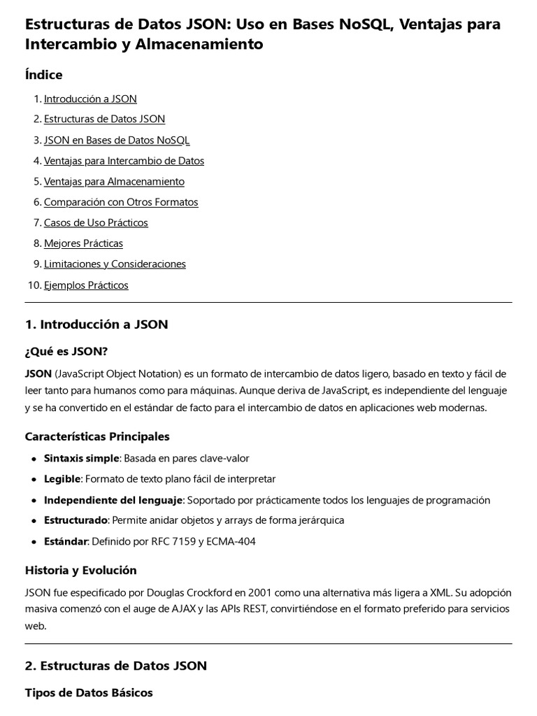 Estructuras de Datos JSON - Uso en Bases NoSQL, Ventajas para Intercambio y Almacenamiento | PDF ...