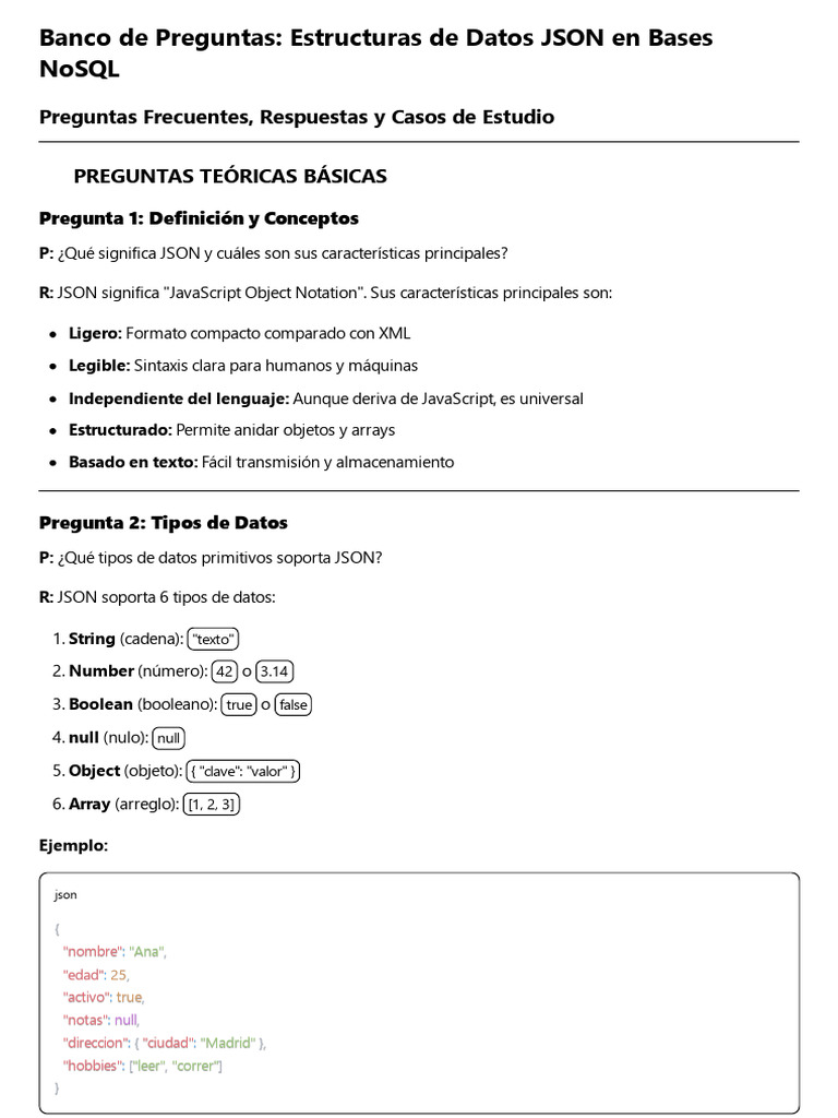 Banco de Preguntas - Estructuras de Datos JSON en Bases NoSQL | PDF | Json | No Sql