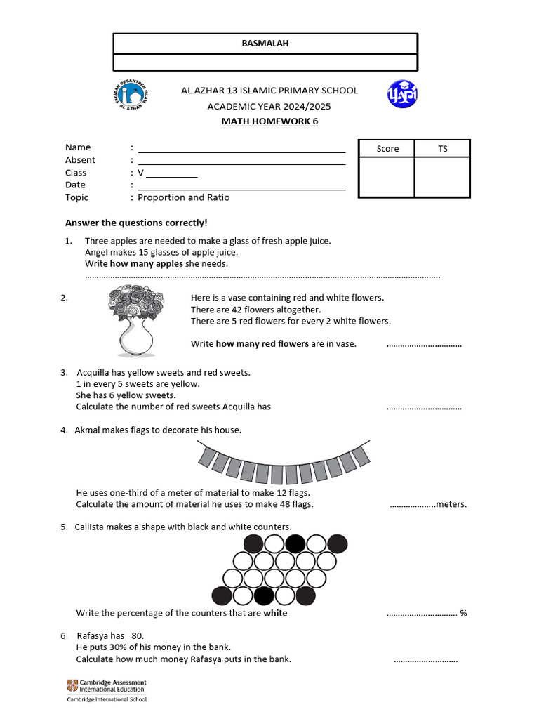 Homework 6 Proportion and Ratio | PDF | Cakes | Chess Openings