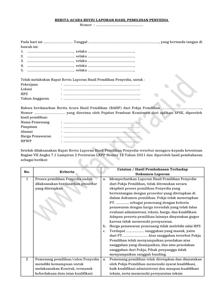 Contoh BA Reviu Laporan Hasil Pemilihan Penyedia | PDF